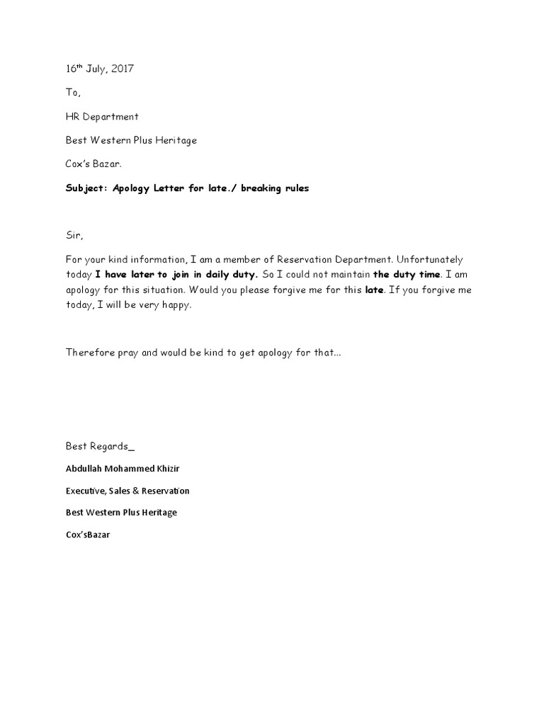 Apology Letter For Late Coming | PDF | Self-Improvement