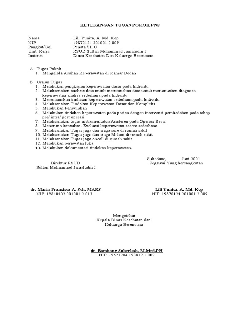 Surat Keterangan Tupoksi PNS | PDF