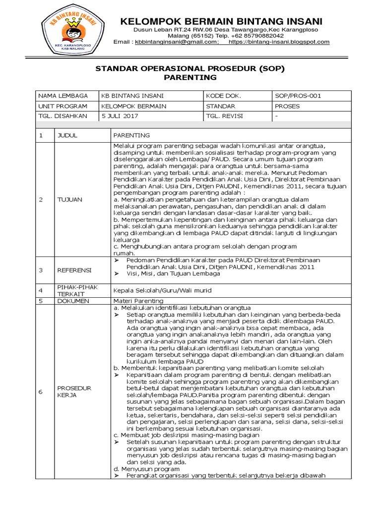 SOP Parenting KB BINTANG INSANI | PDF