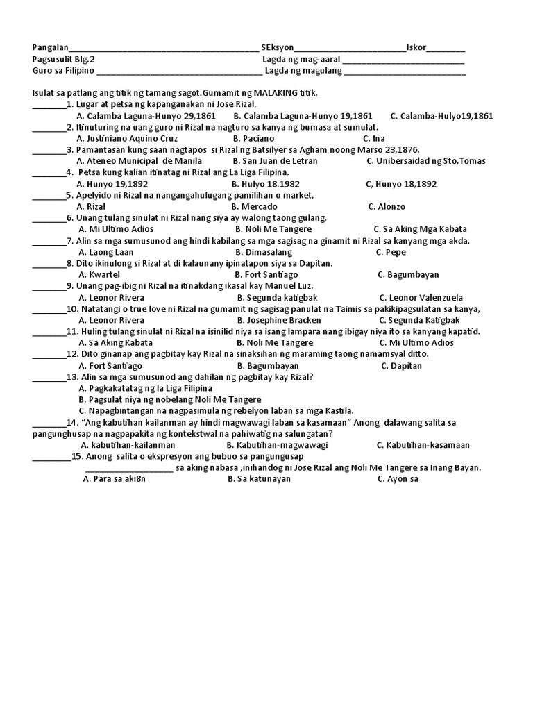 Pagtataya Sa Noli BLG.2 | PDF