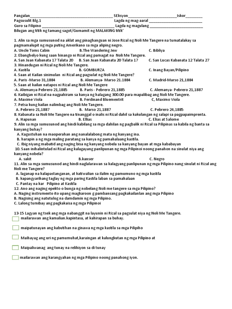 Pagtataya Sa Noli Me Tangere BLG.1 | PDF