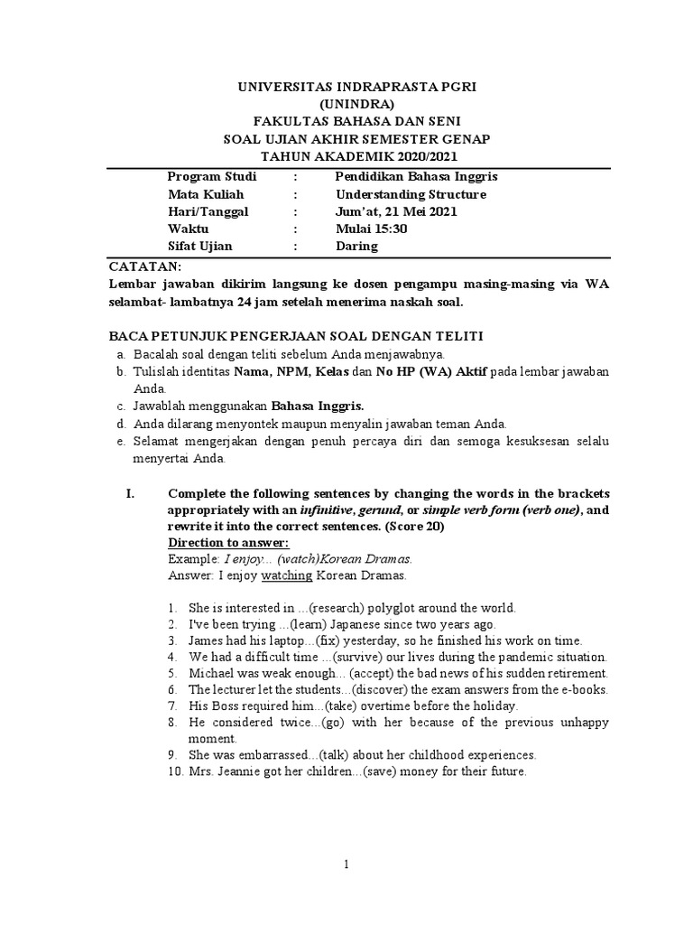 UAS - Understanding Structure - 2020-2021 - Ekstensi | PDF | Sentence ...