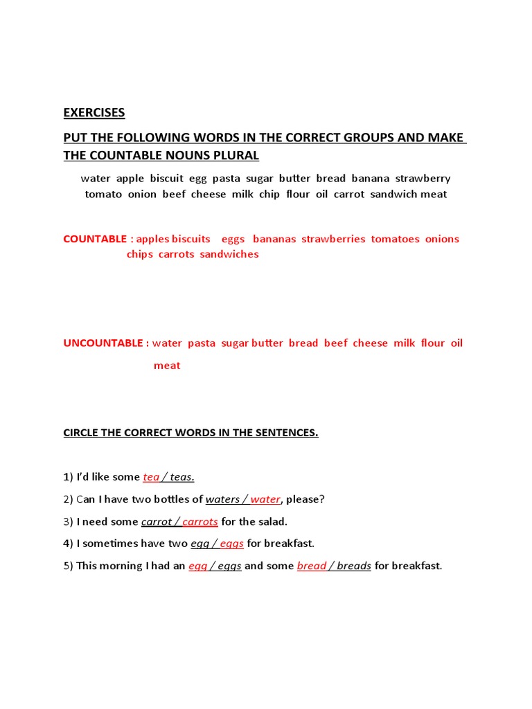 Countable and Uncountable Nouns Quantifiers Answer Key | PDF | Food And ...