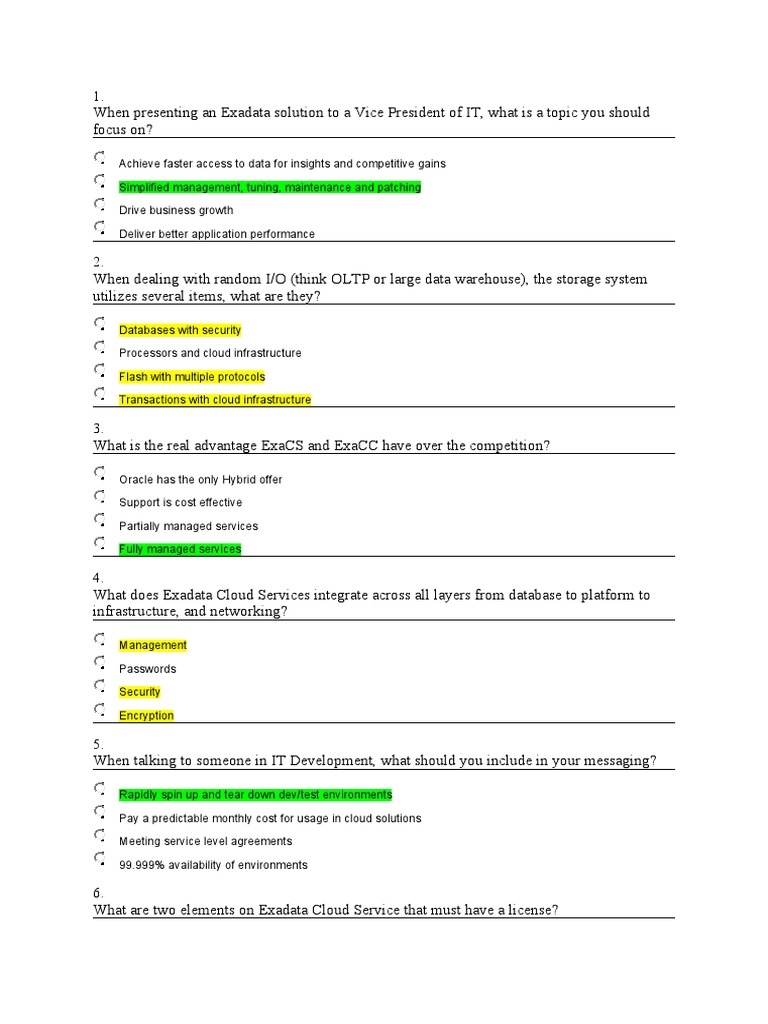 Oracle Exadata Cloud 2021 Sales Specialist Assessment | PDF | Cloud Computing | Databases