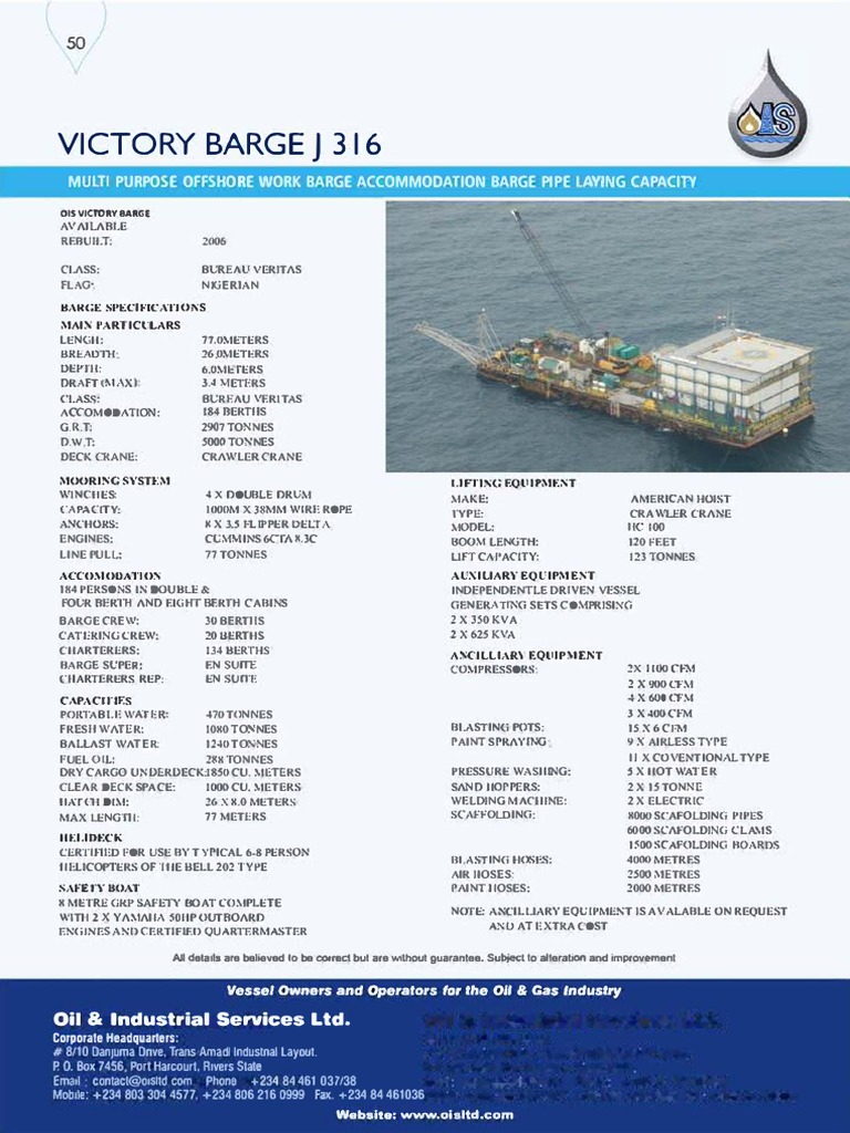 Victory Barge J316 Offshore Work Barge Spec - Work & Accomodation Barge ...