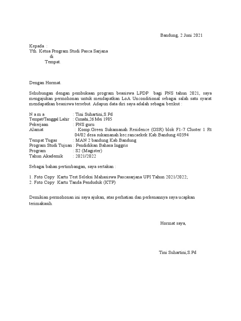 Contoh Surat Permohonan LoA Unconditional | PDF | Karier & Perkembangan