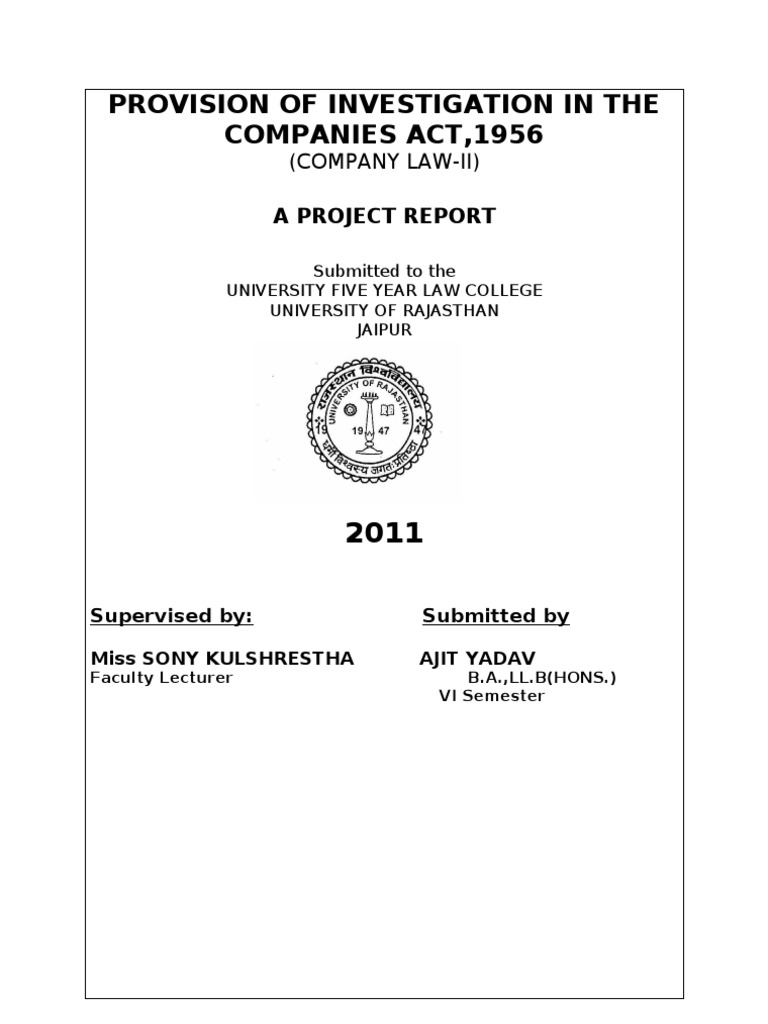 Provision of Investigation in The Companies Act, 1956: A Project Report ...