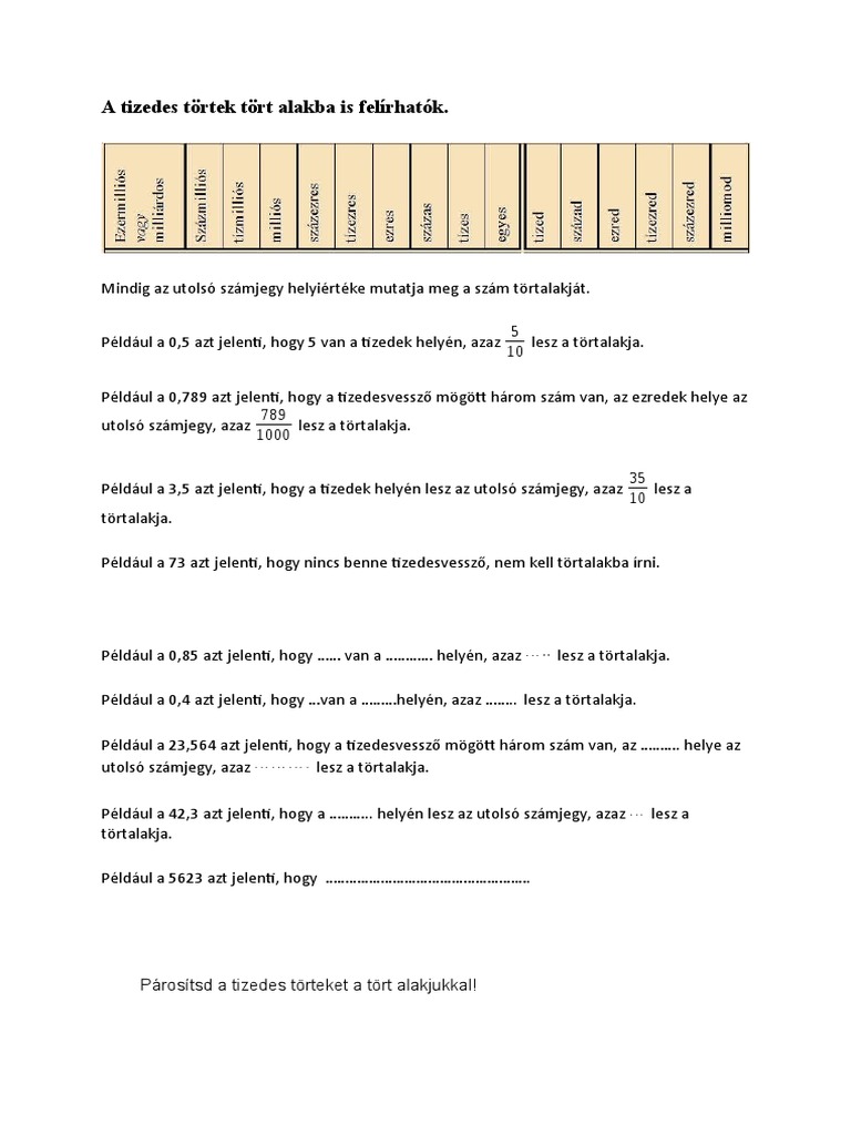 Tizedes Törtek Átírása Törtalakba | PDF