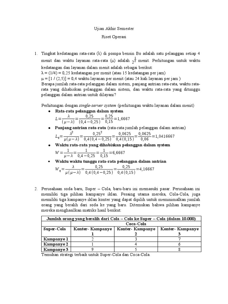 Contoh Soal Ujian Akhir Semester MATKUL Riset Operasi | PDF