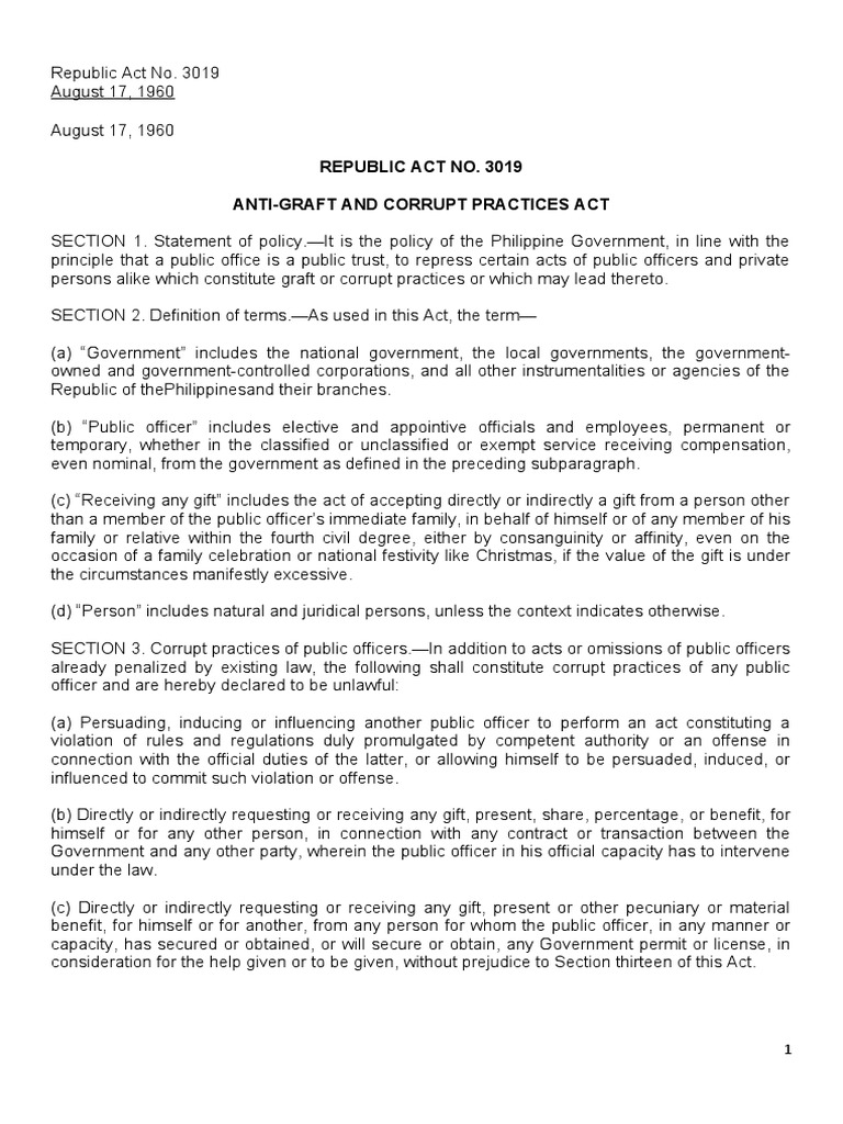 Republic Act No. 3019 Anti-Graft and Corrupt Practices Act | PDF | Fine ...
