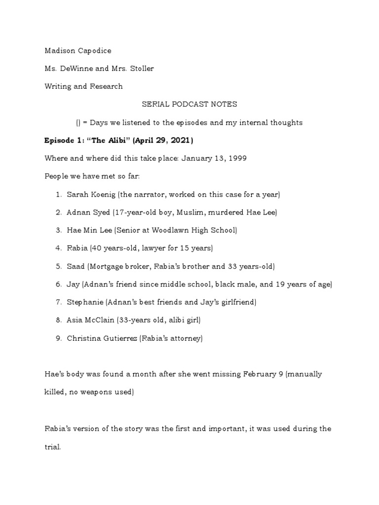 Serial Episode 1 The Alibi Handout - Educational Images | Picstank