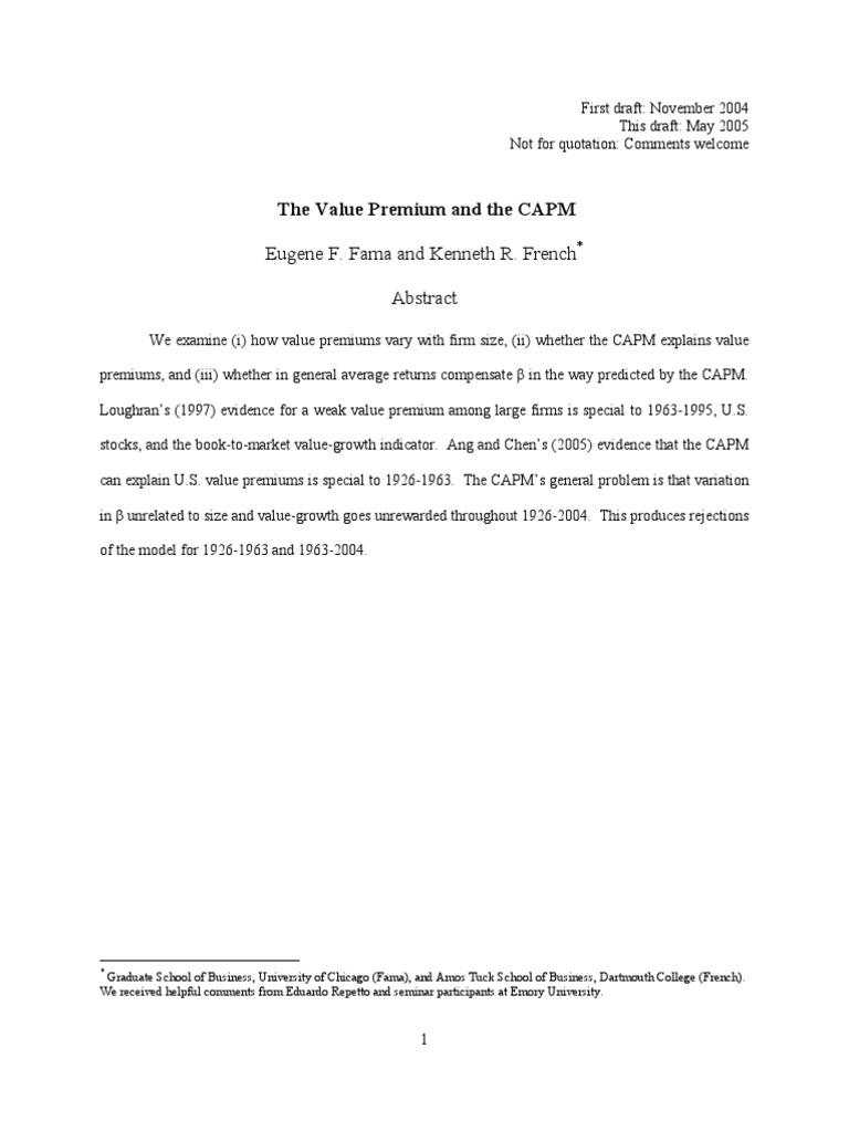 The Value Premium and The CAPM: Eugene F. Fama and Kenneth R. French ...