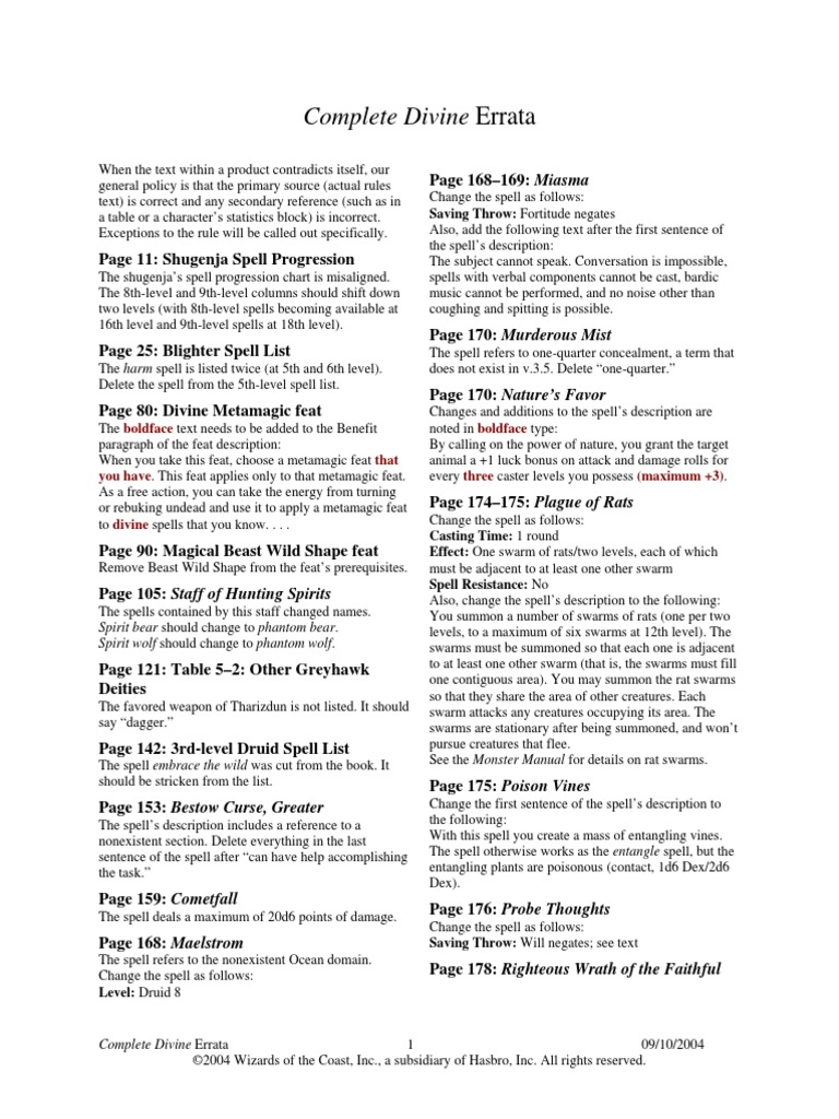 Complete Divine Errata: Saving Throw: Fortitude Negates | PDF ...