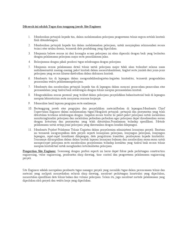 Dibawah Ini Adalah Tugas Dan Tanggung Jawab Site Engineer | PDF