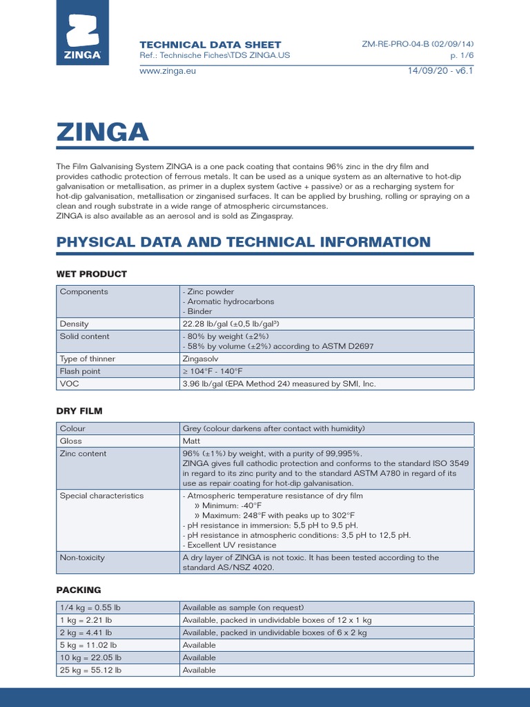 Zinga: Physical Data and Technical Information | PDF | Galvanization | Paint