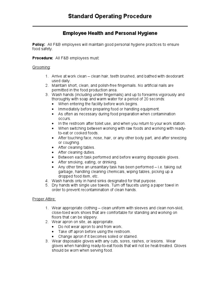 RSOP1 Employee Healthand Personal Hygiene | PDF | Hygiene | Hand Washing