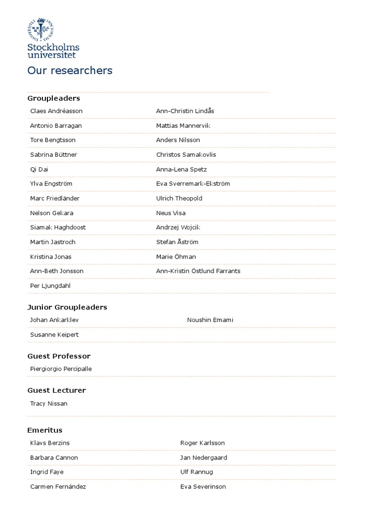 Research Groups - Department of Molecular Biosciences, The Wenner-Gren ...