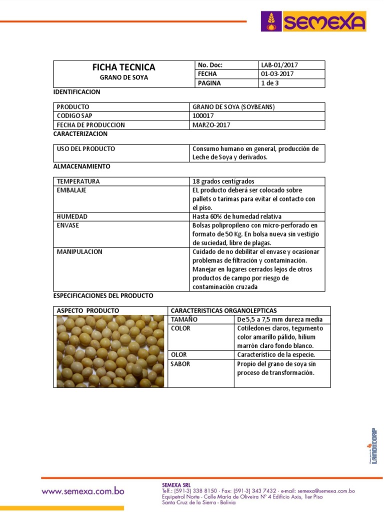Ficha Tecnica Grano de Soya | PDF | Haba de soja | Comida y bebida