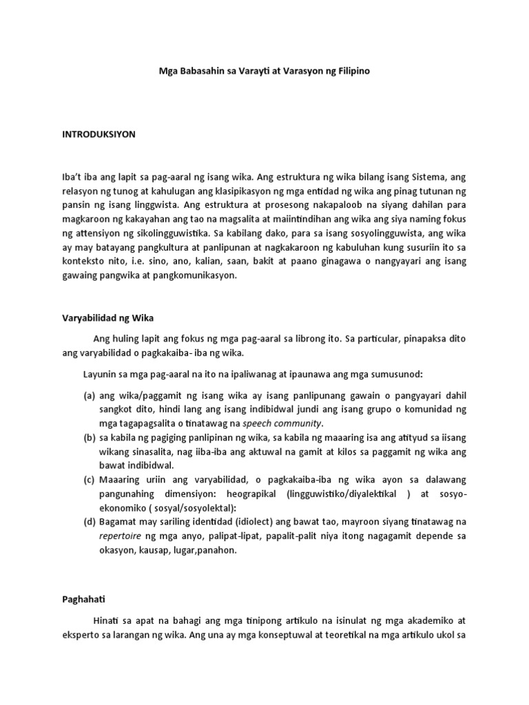 Mga Babasahin Sa Varayti at Varasyon NG Filipino | PDF