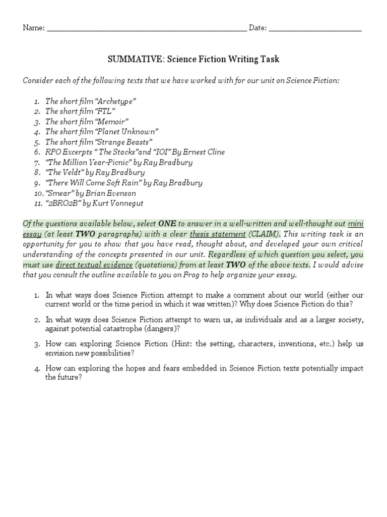 Science Fiction Writing Task Guide | PDF | Young Adult