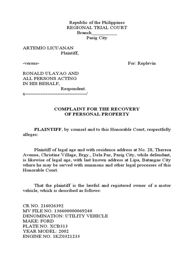 Complaint For Replevin | PDF | Affidavit | Government Institutions