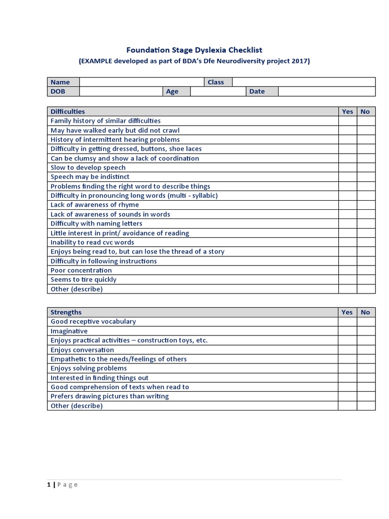 Foundation Stage Dyslexia Checklist | PDF
