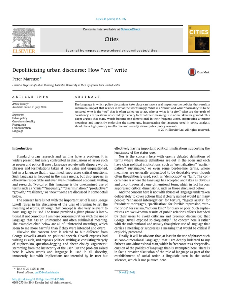 Peter Marcuse - Depoliticizing Urban Discourse | PDF | Economic ...