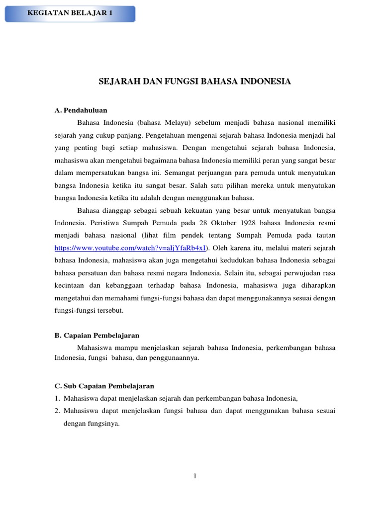 Materi 1 Sejarah Dan Fungsi Bahasa Indonesia | PDF