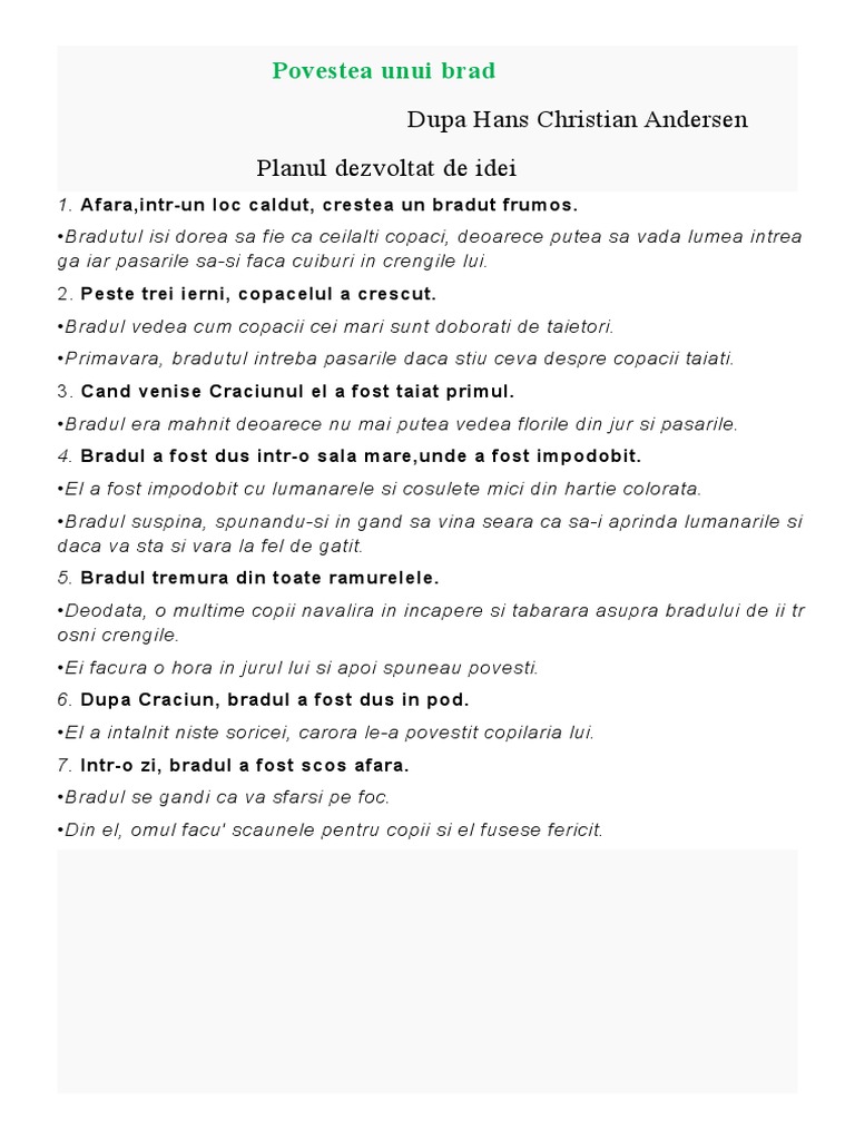Plan de Idei - Povestea Bradului, Hans Christian Andersen | PDF