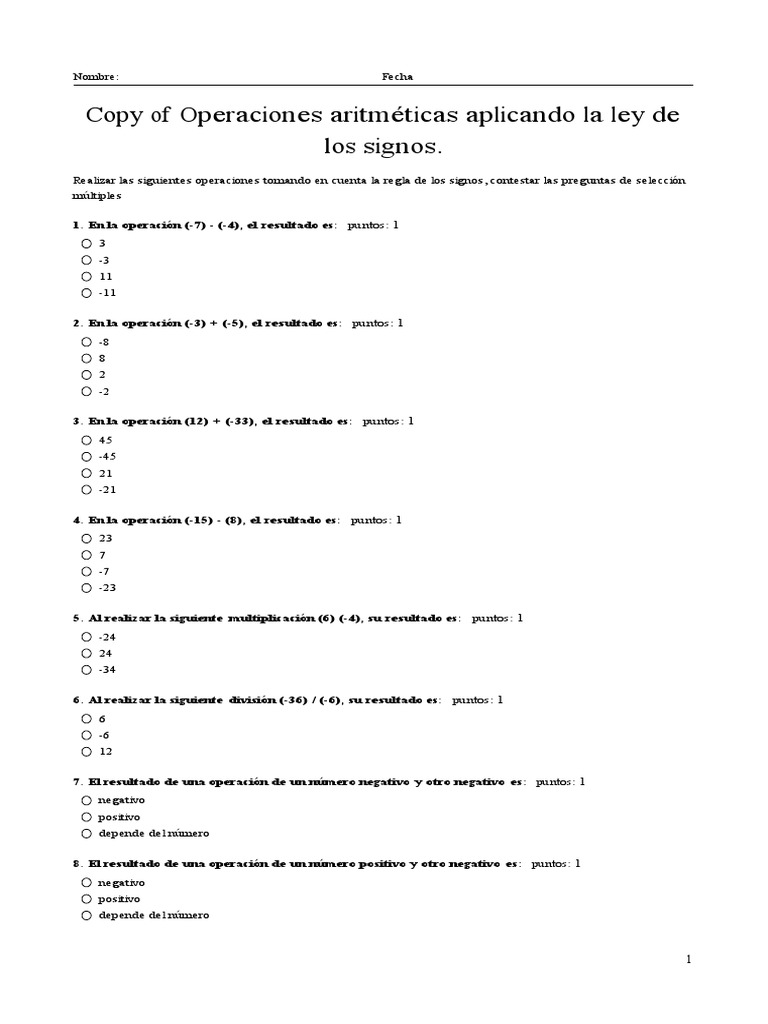 Operaciones Aritméticas Aplicando La Ley de Los Signos. | PDF
