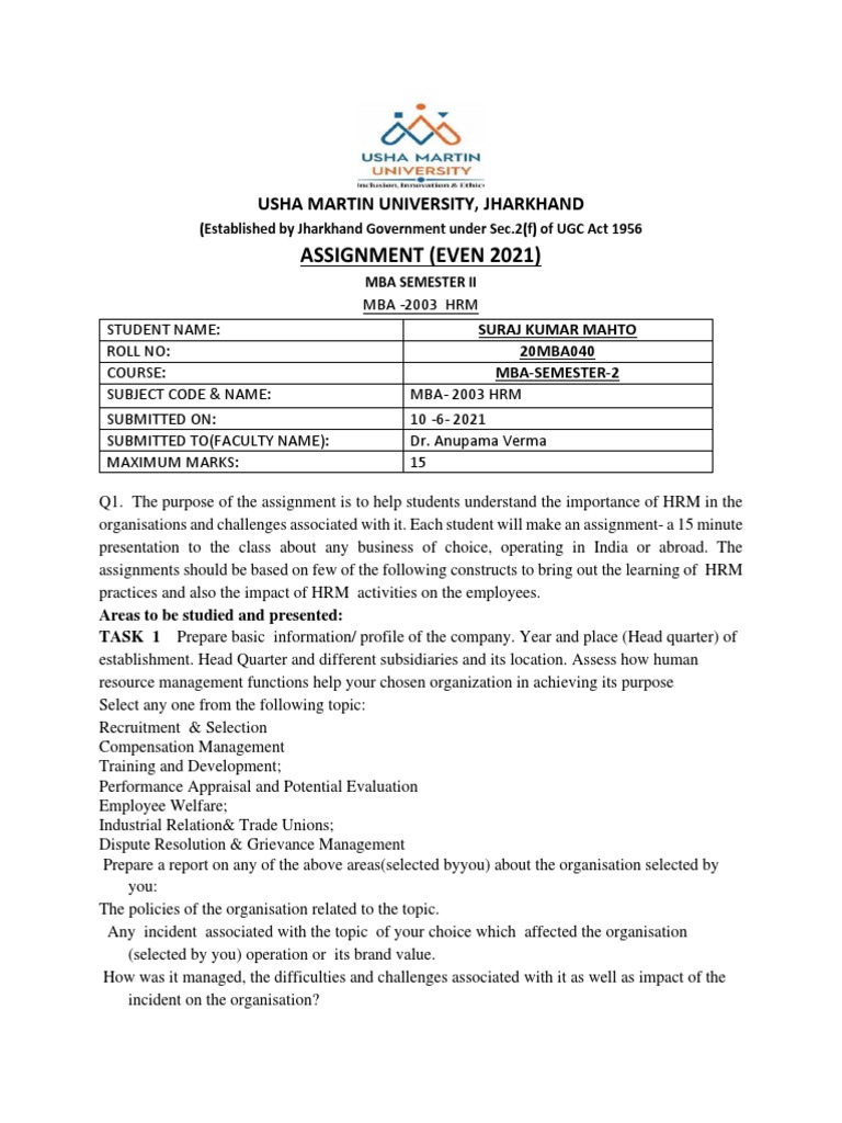 Assignment (Even 2021) : Usha Martin University, Jharkhand | PDF | Economies | Business