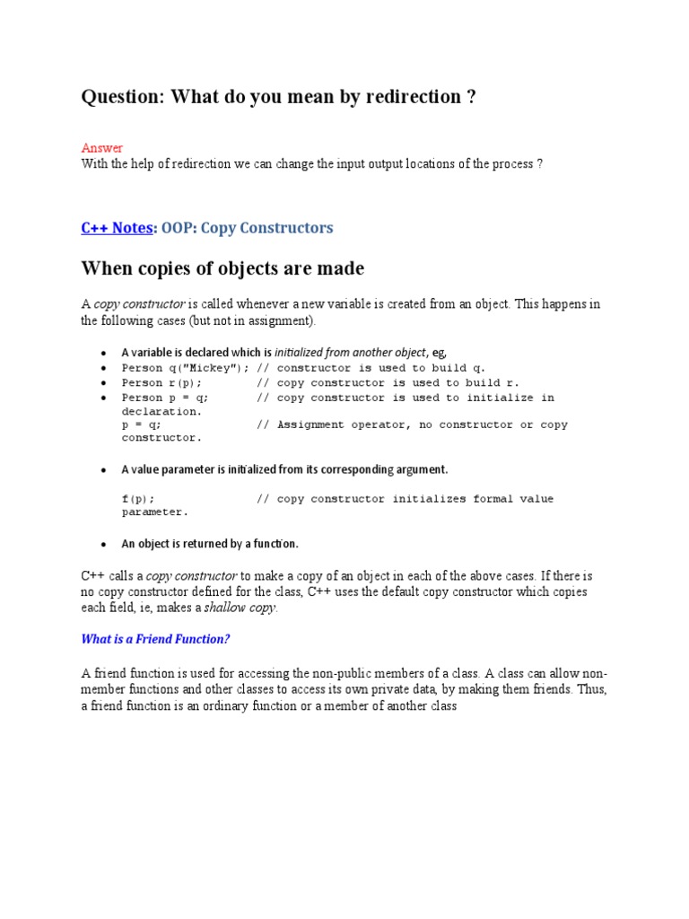 Question: What Do You Mean by Redirection ?:: OOP: Copy Constructors | PDF | Constructor (Object ...