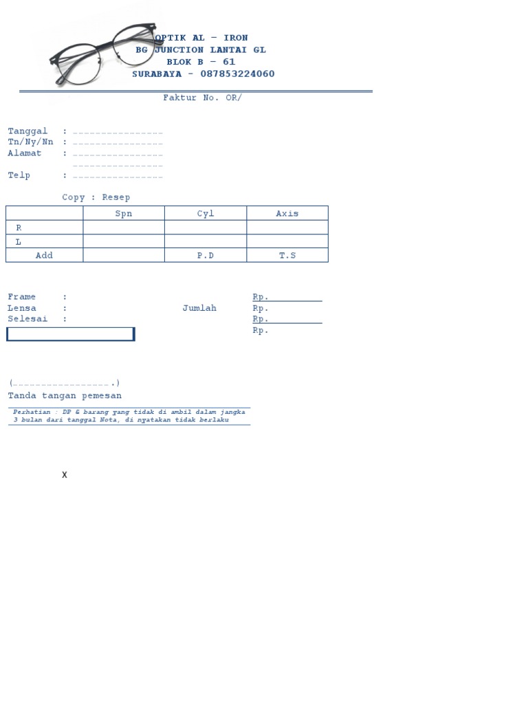 Kwitansi Pembelian Kacamata Optik | PDF