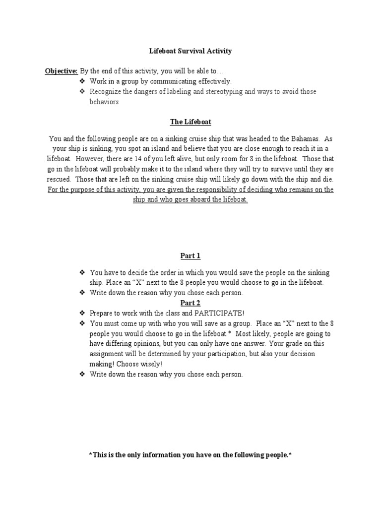 Lifeboat Survival Activity W R | PDF | Reason | Wellness