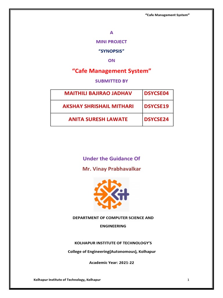 "Cafe Management System": Maithili Bajirao Jadhav Dsycse04 Akshay Shrishail Mithari Dsycse19 ...
