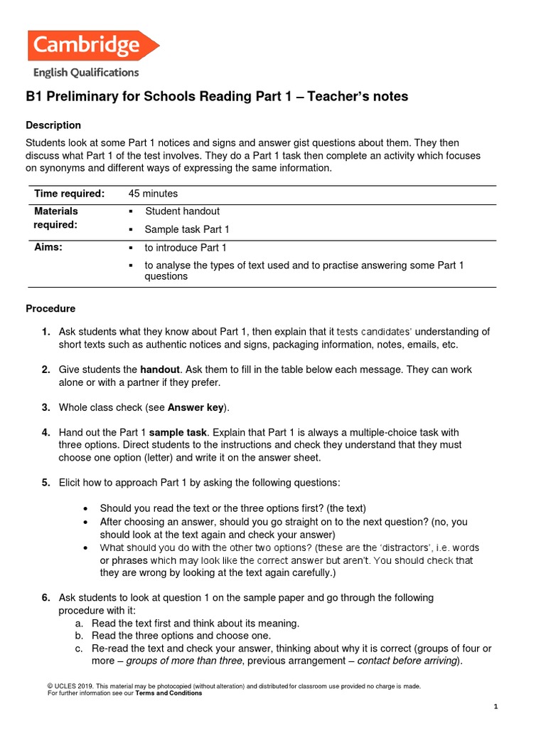 B1 Preliminary For Schools Reading Part 1 - Teacher's Notes | PDF ...