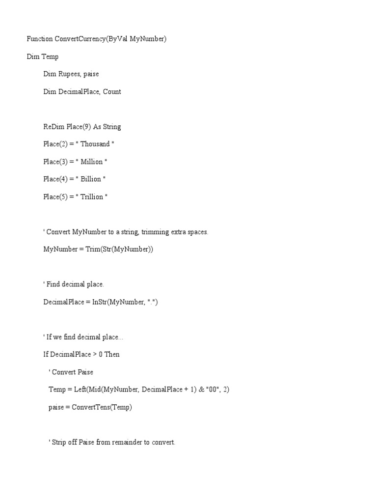 Function To Convert Number Into Currency (Rupees) in Excel | PDF | Rupee | Computer Programming
