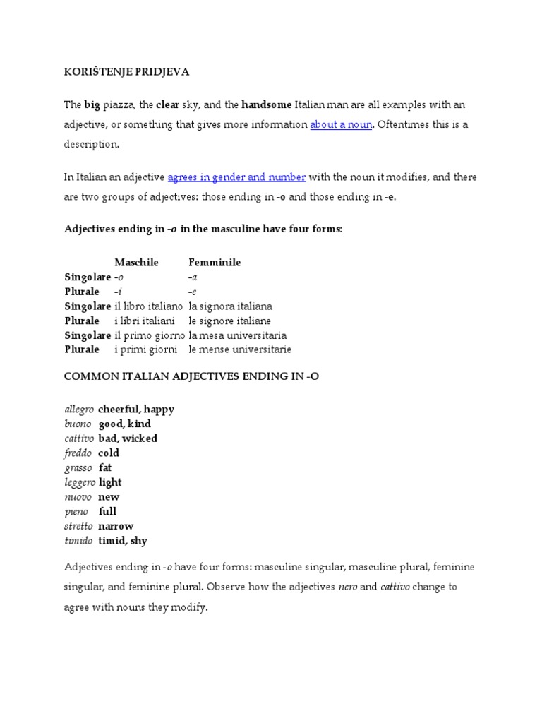 Italian Adjective Usage and Agreement | PDF | Grammatical Gender ...