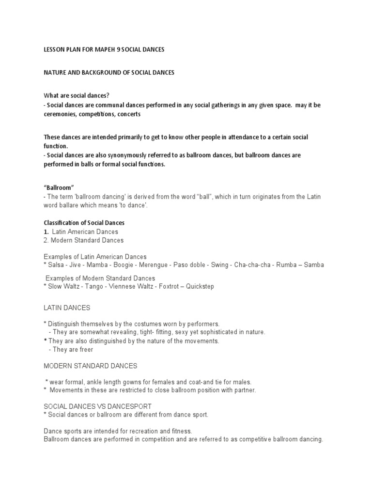 Lesson Plan For Mapeh 9 Social Dances | PDF | Ballroom Dance | Dances