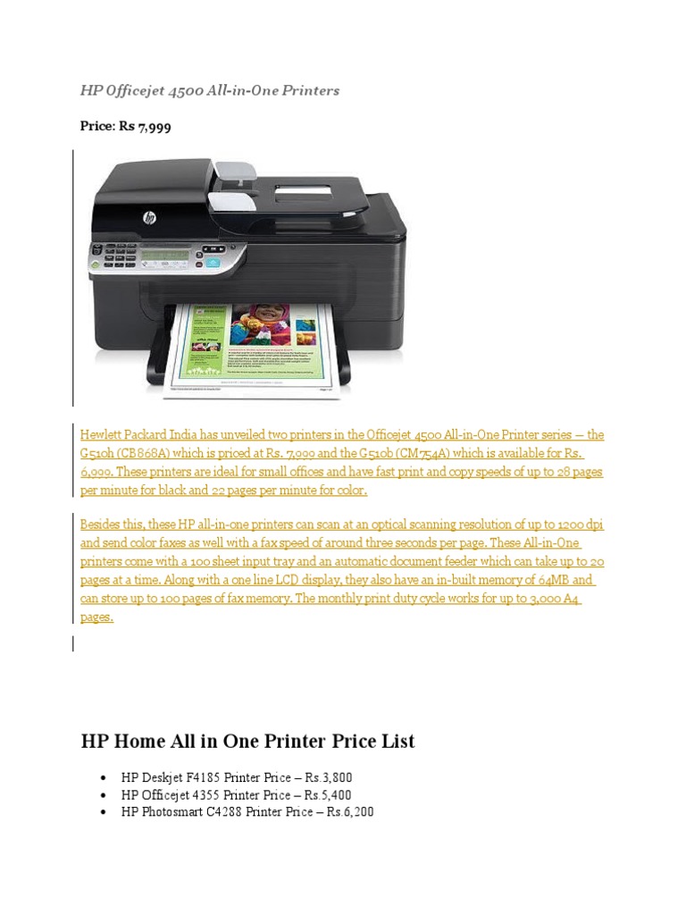 HP Officejet 4500 Price and Specs | PDF | Printer (Computing) | Fax