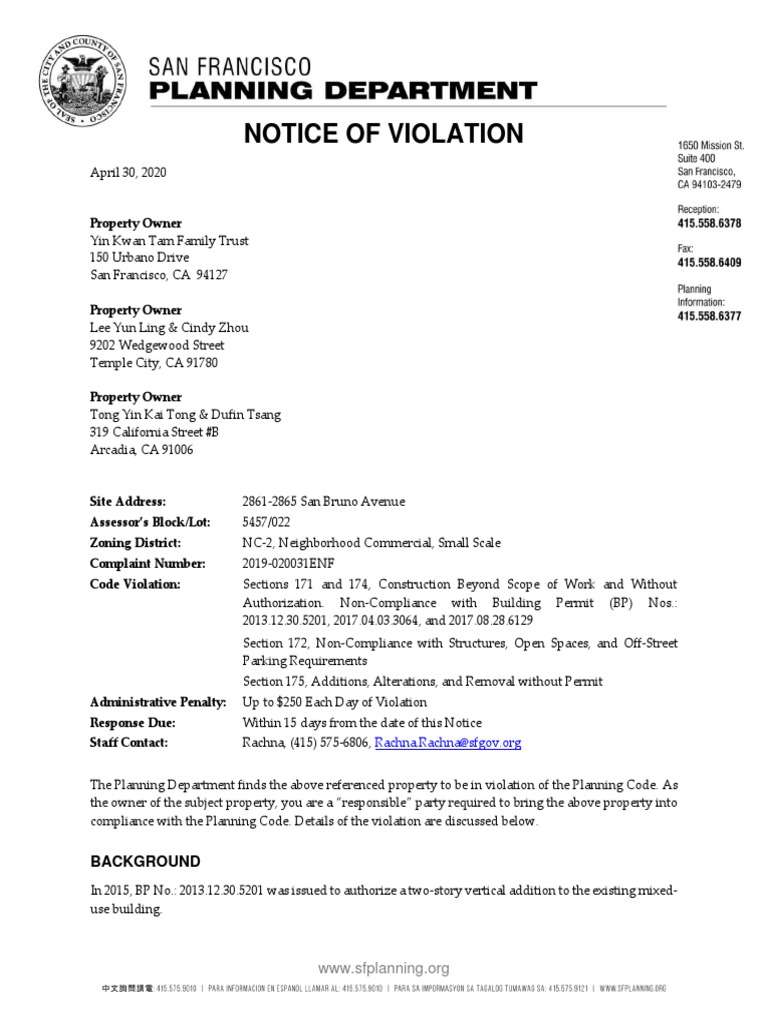 Notice of Violation (NOV) - 04.30.20 - 2861-2865 San Bruno Ave | PDF ...