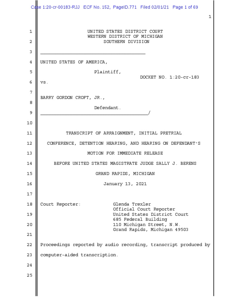 Transcript of Barry Croft Jr. Arraignment/detention Hearing | PDF ...