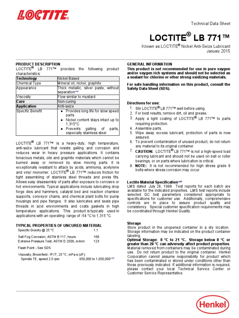 TDS Loctite Nickel LB 771-En | PDF | Lubricant | Corrosion
