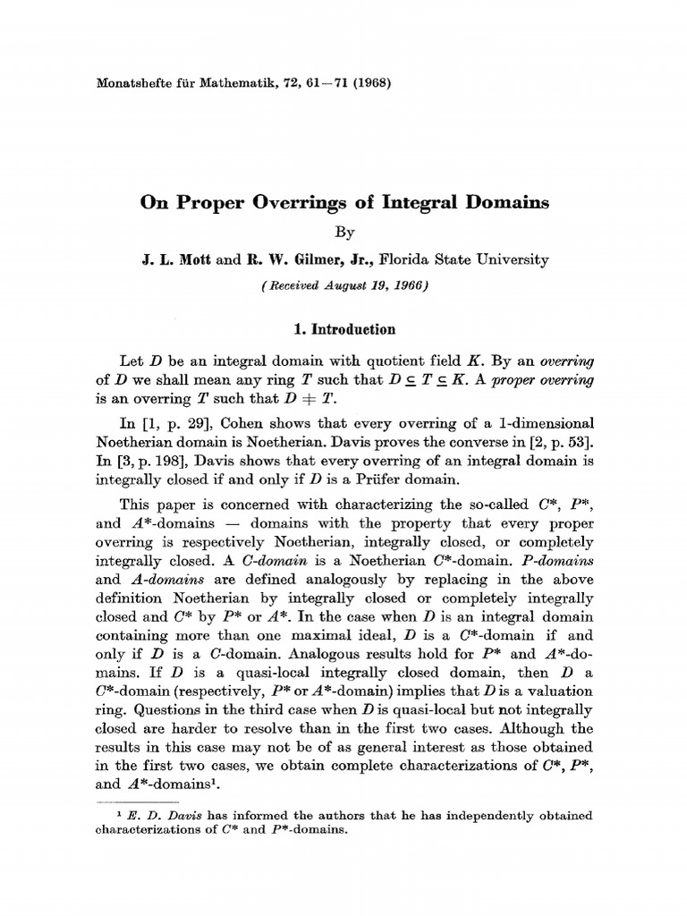 On Proper Overrings of Integral Domains | PDF | Ring (Mathematics) | Algebraic Structures