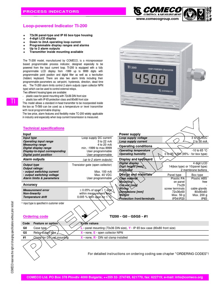 Loop-Powered Indicator TI-200: Process Indicators | PDF | Electrical ...