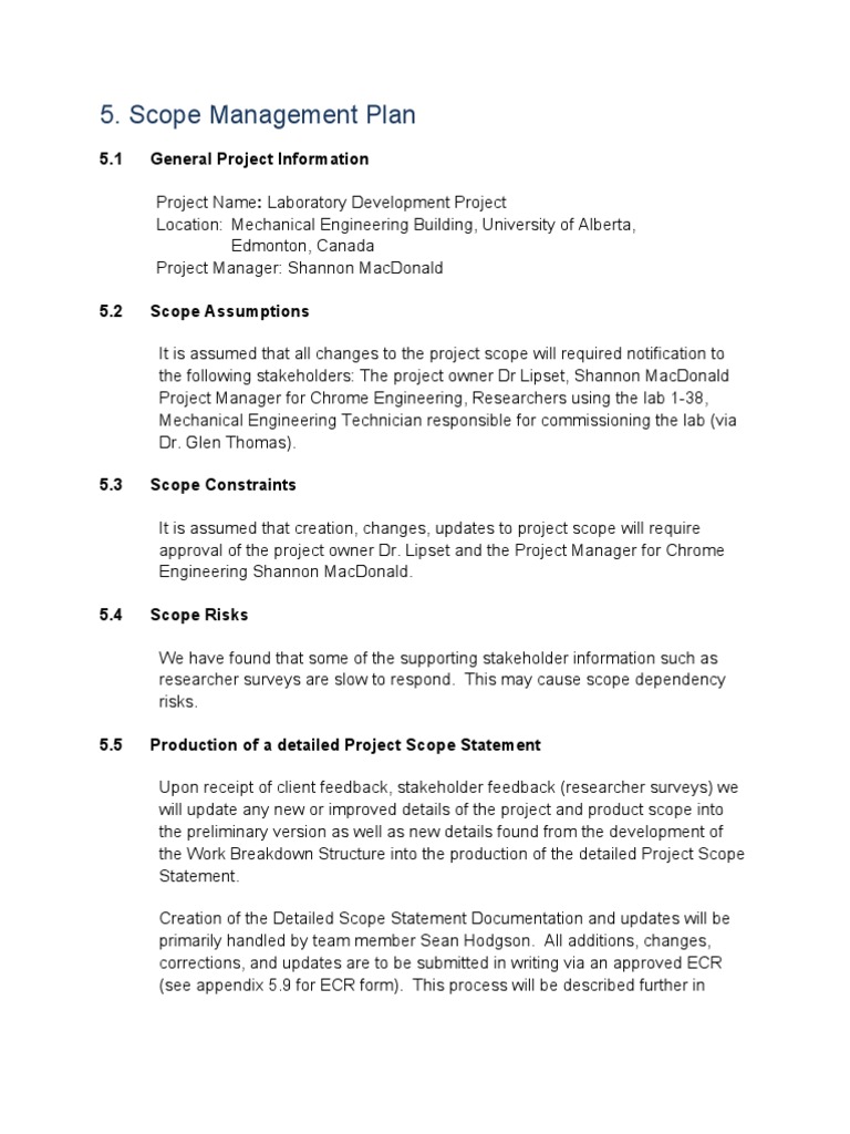 Scope Management Plan: 5.1 General Project Information | PDF | Project Management | Engineering