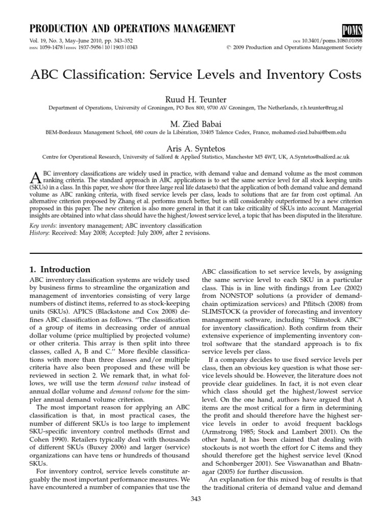 Optimal Service Levels in ABC Classification | PDF | Inventory | Demand