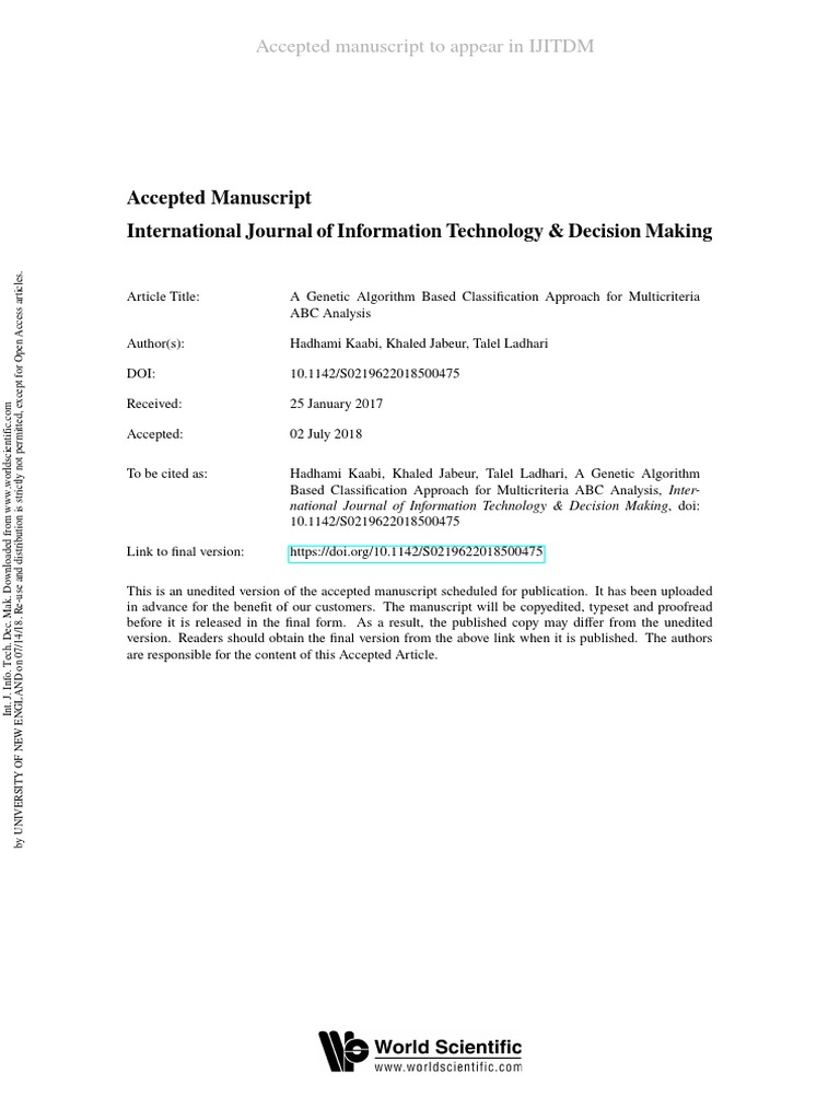 A Genetic Algorithm Based Approach For Multicriteria Abc Inventory Classification Pdf