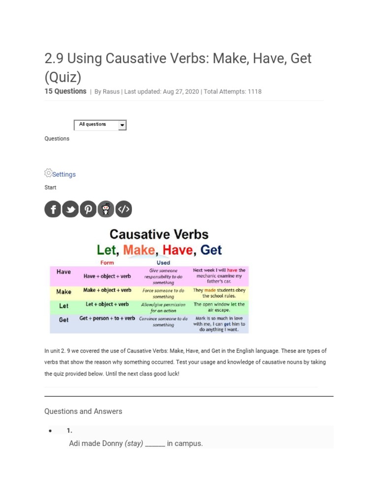 Causative Verbs Quiz: Make, Have, Get | PDF | Language Arts & Discipline