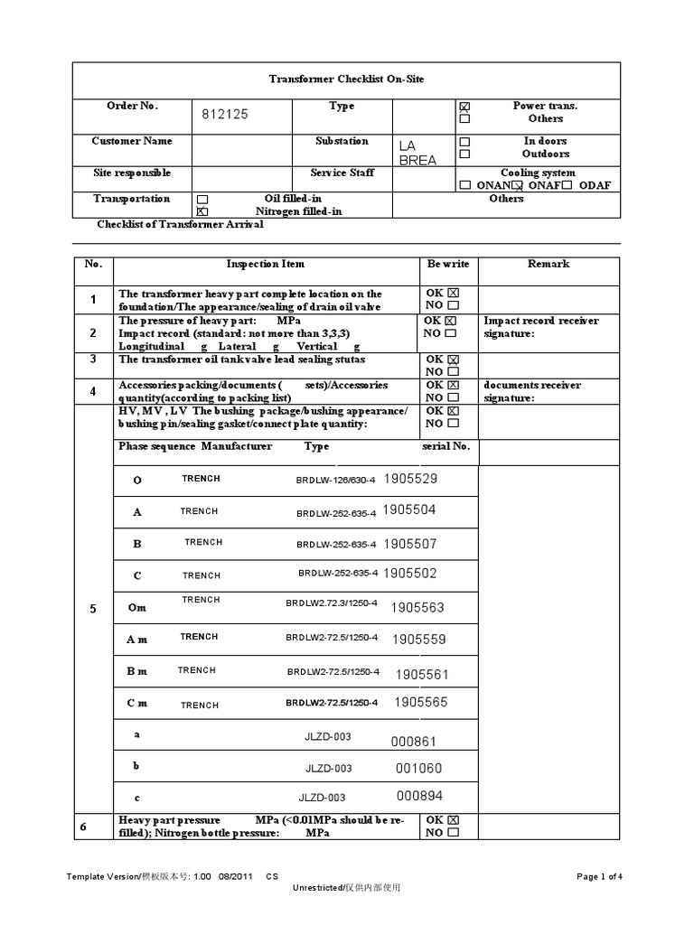 Transformer Checklist Onsite - E-New | PDF | Transformer | Building ...